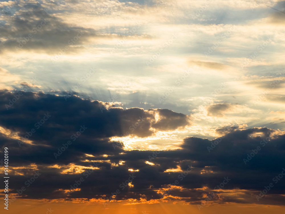 Aerial view of a sunset sky background. Gold sunset sky with evening ...
