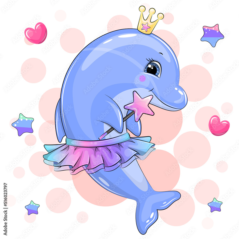 A cute cartoon dolphin in a cute rainbow skirt and a yellow crown is ...
