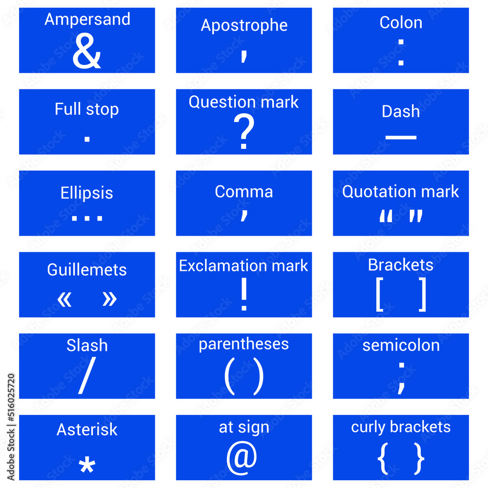 list of punctuation marks in English grammar vector illustration on ...