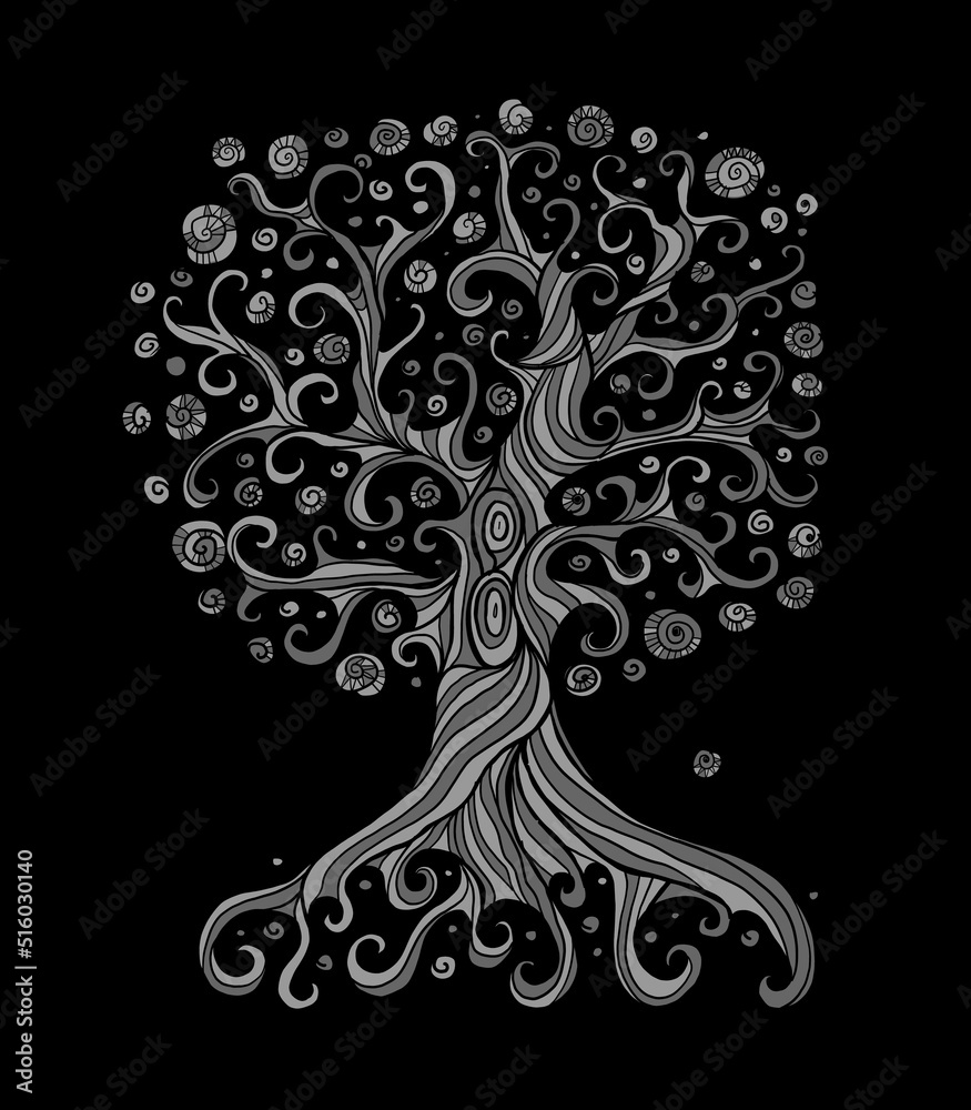 Old big family tree with roots on black background. Concept Art for ...