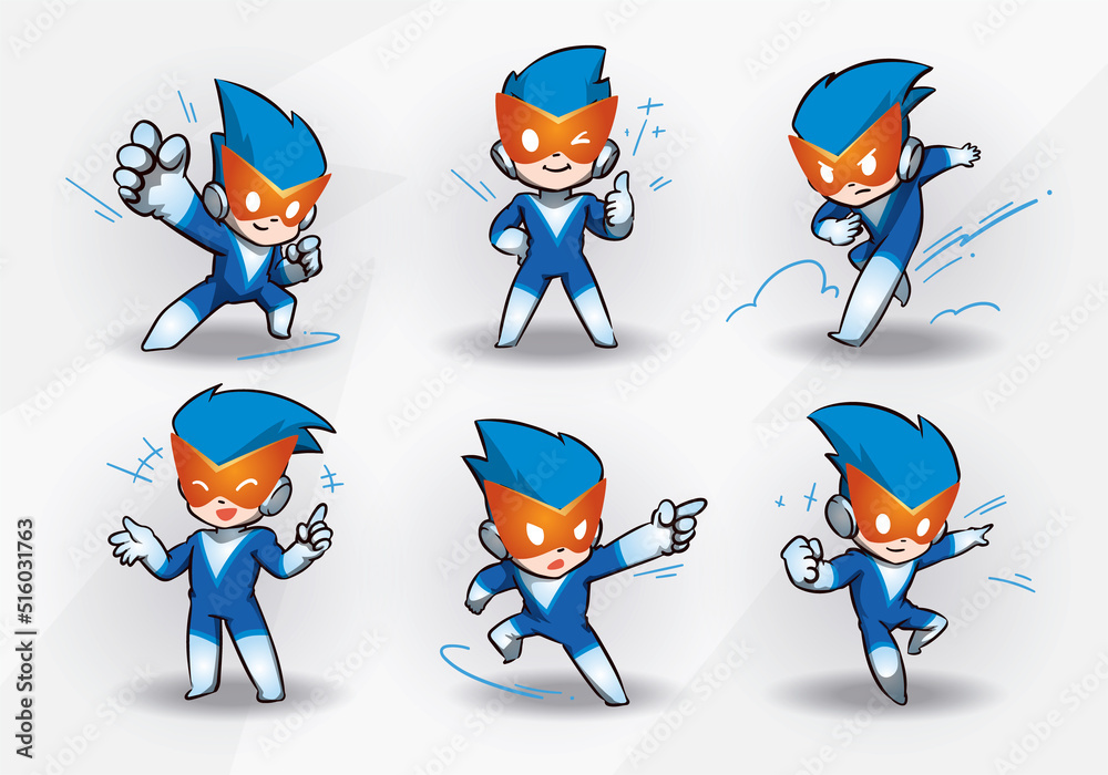 Super Hero Blue Boy Mascot Character Set Stock Vector | Adobe Stock
