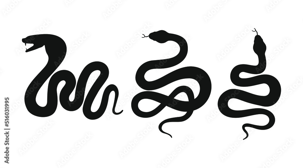 Collection of vector snakes. Silhouettes of a black cobra on a white ...