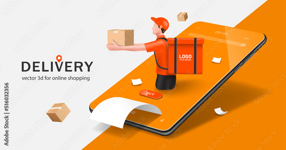 Food delivery man in orange uniform pop-up on smartphone screen is ...