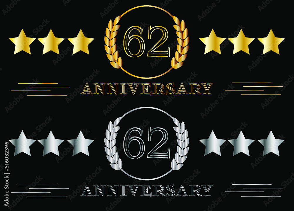 62th anniversary set gold and silver. Celebrating birthday, banner for ...