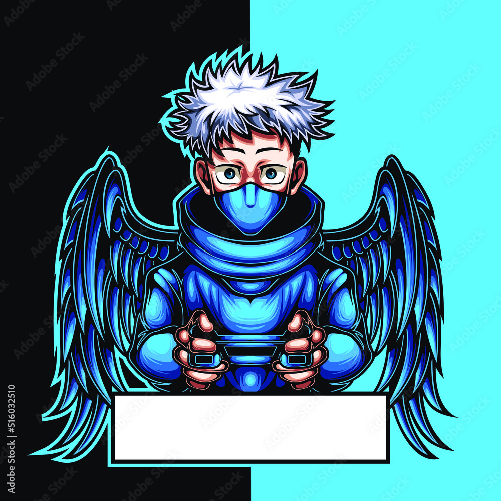 mascot esport boy angel character logo gaming blue wings costume with ...