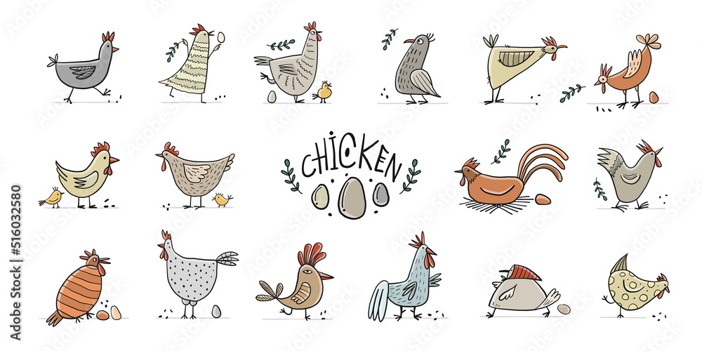 Funny Chicken and Rooster characters. Icons collection isolated on ...