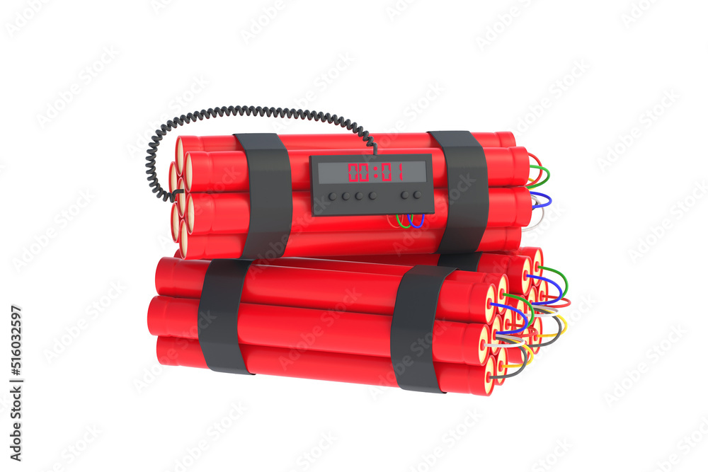 Stack of dynamite bombs with digital timer isolated on white background ...