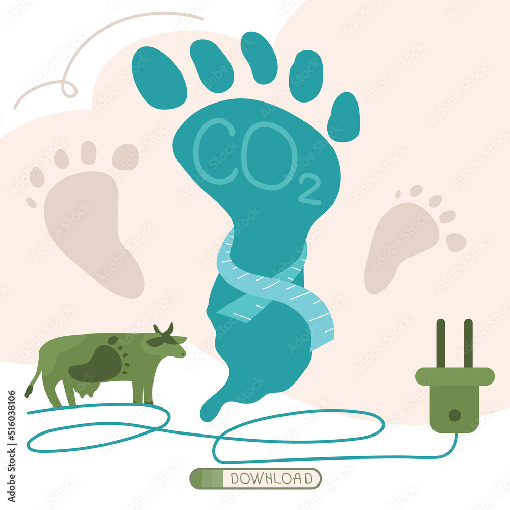 Carbon footprint concept sourses. Cow production, start up CO2 and ...