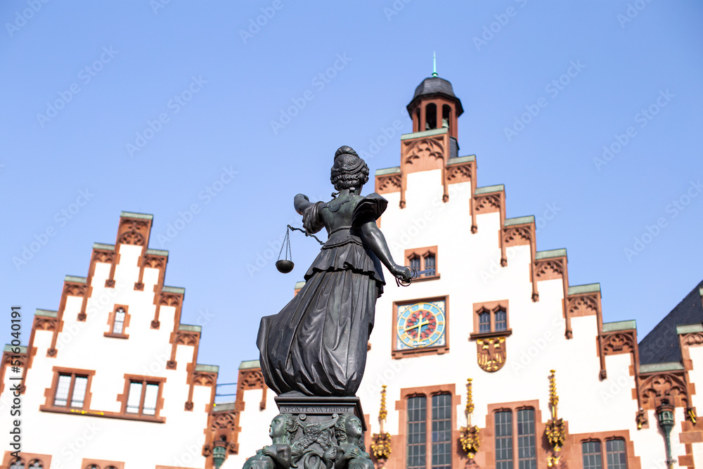 Lady Justice Statue, R ömerberg, Frankfurt, Hessen, Germany. The base ...