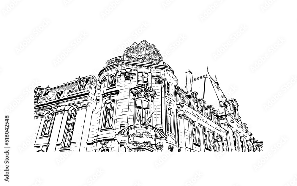Building view with landmark of Nancy is the city in France. Hand drawn ...
