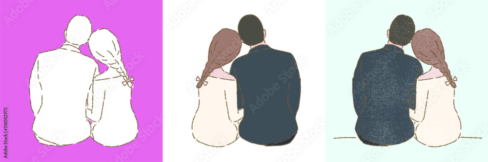 Set of a young happy couple cartoon characters sitting back view. Hand ...