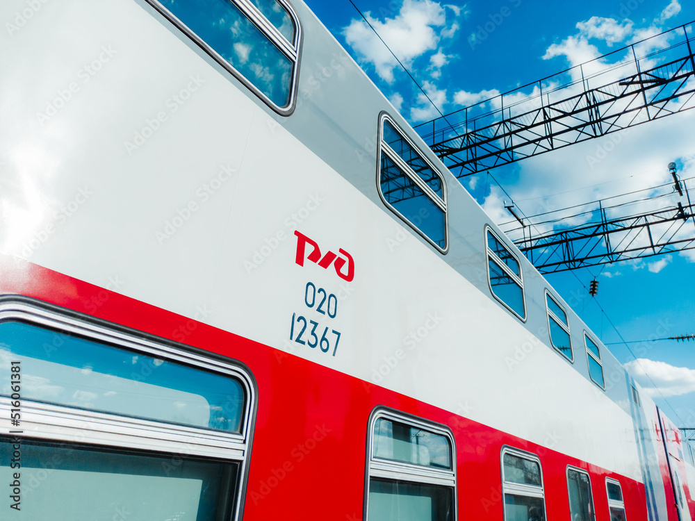 Moscow, Russia. April 22, 2022. Russian Railways double-decker car. RZD ...