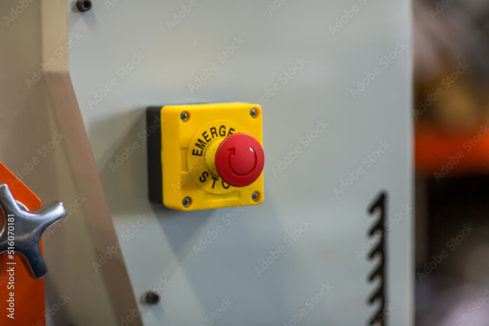 The red emergency button or stop button for Hand press. STOP Button for ...