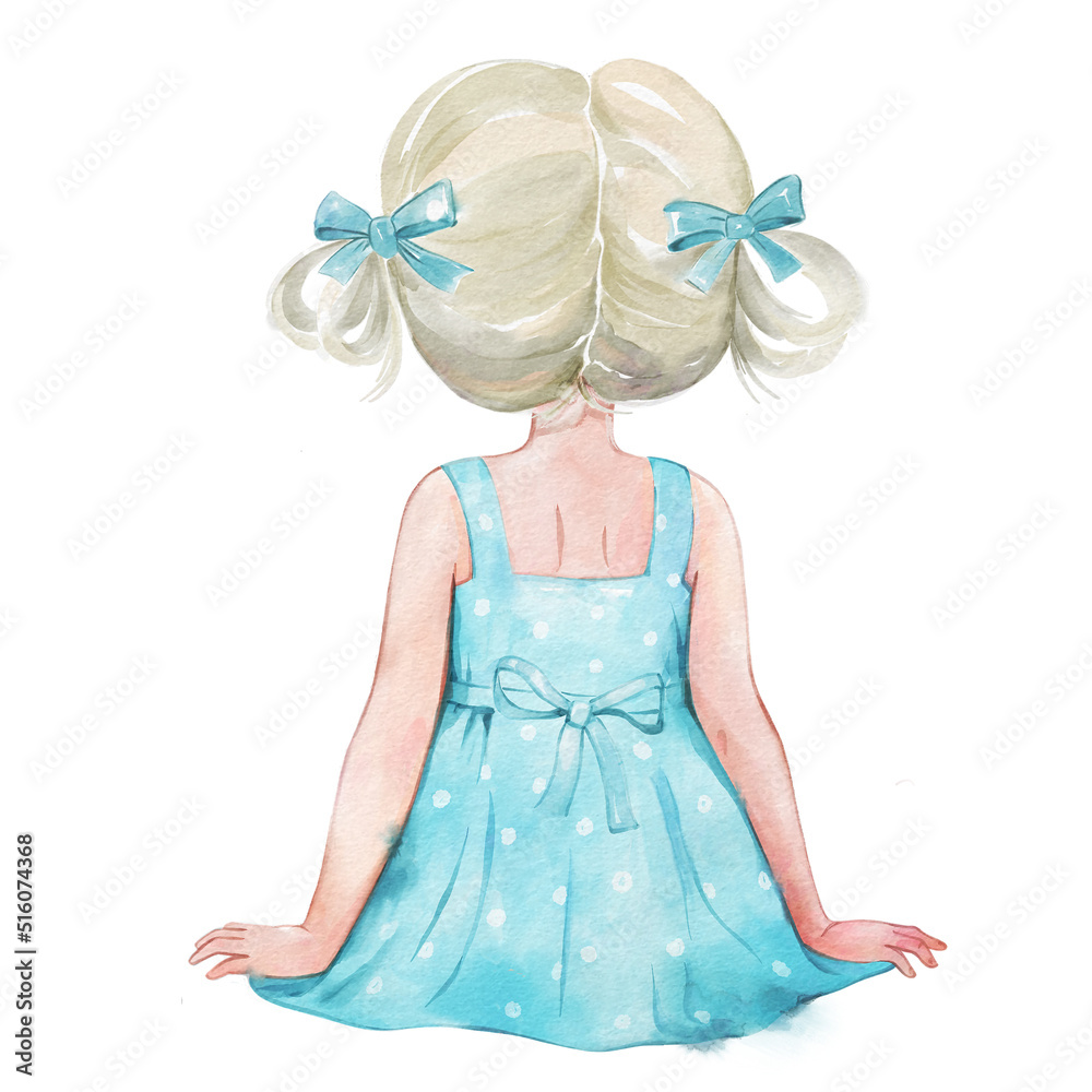 Watercolour illustration of the little blond in a blue dress and bows ...