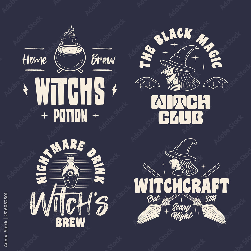 Witch logo set. 4 Witch related labels, badges, emblems. Halloween ...