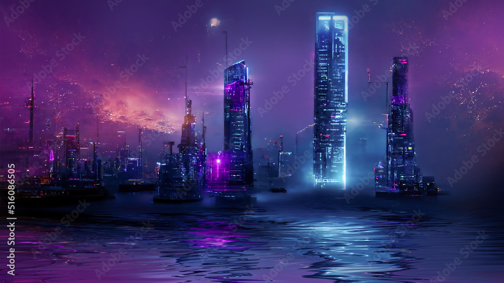Night city, neon lights of the metropolis. Reflection of neon lights in ...