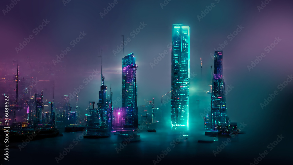 Night city, neon lights of the metropolis. Reflection of neon lights in ...