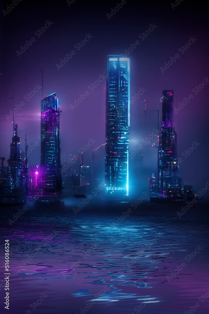 Night city, neon lights of the metropolis. Reflection of neon lights in ...