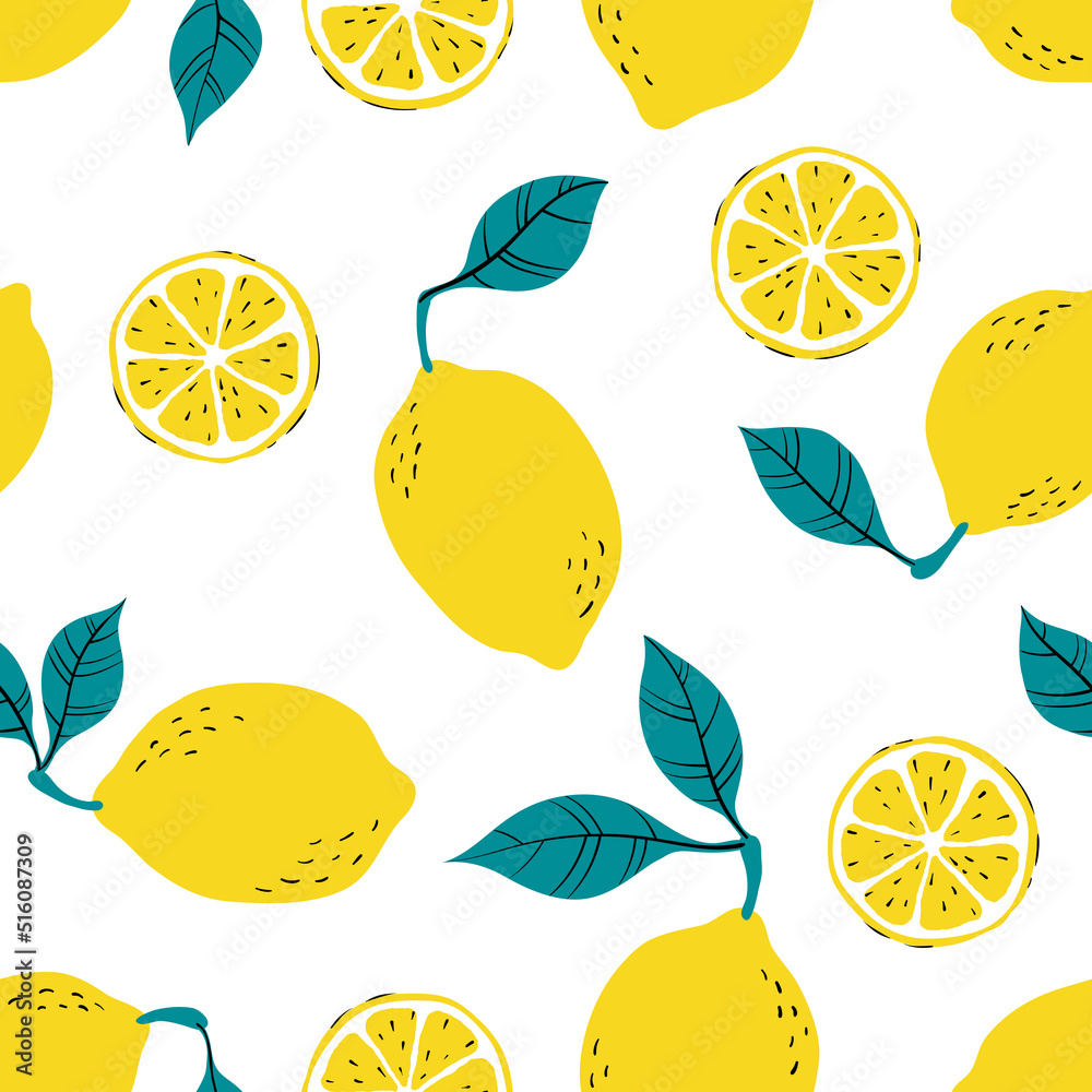 Tropical seamless pattern with yellow lemons and lemon slices. Hand drawn lemons pattern on ...