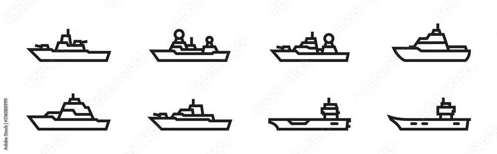 warship line icon set. military ships and army vessel symbols. vector ...