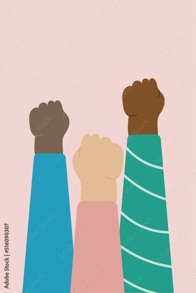 People of different nationalities and races raise up fists. Protest ...