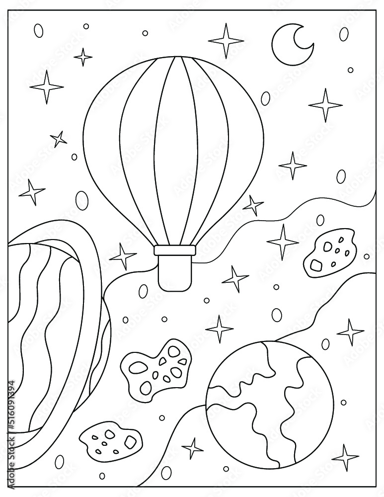 air balloon in outer space coloring page for kids vector de Stock ...