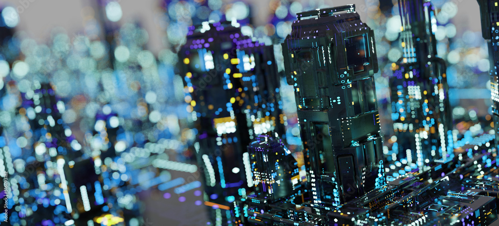 Future smart city, or electronics center. Sci-fi style futuristic city ...