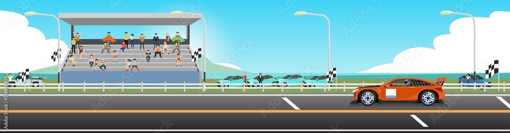 Super car on race track of for banner. Background of stadiums and ...