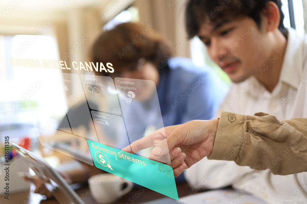 Póster hand pointing to the revenue stream and explain to another ...