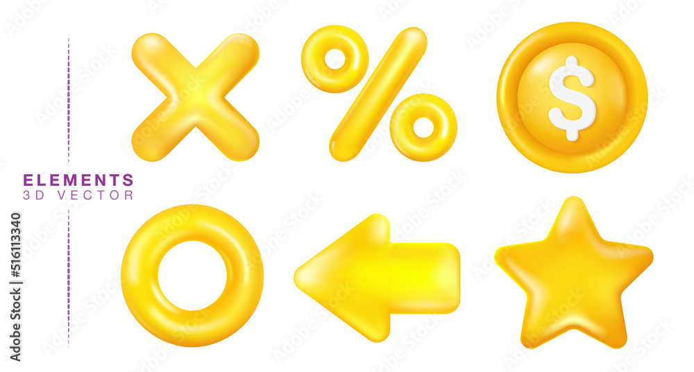 3D Element plastic icon set, dollar coin, multiplication sign, star ...