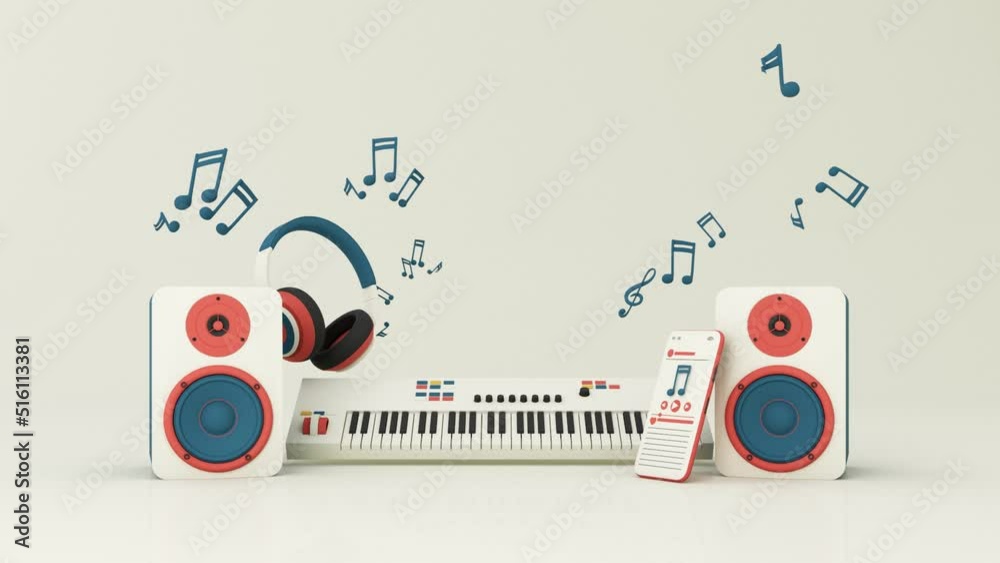 Electric piano keyboard surrounded by speakers, headphones, smart phone ...