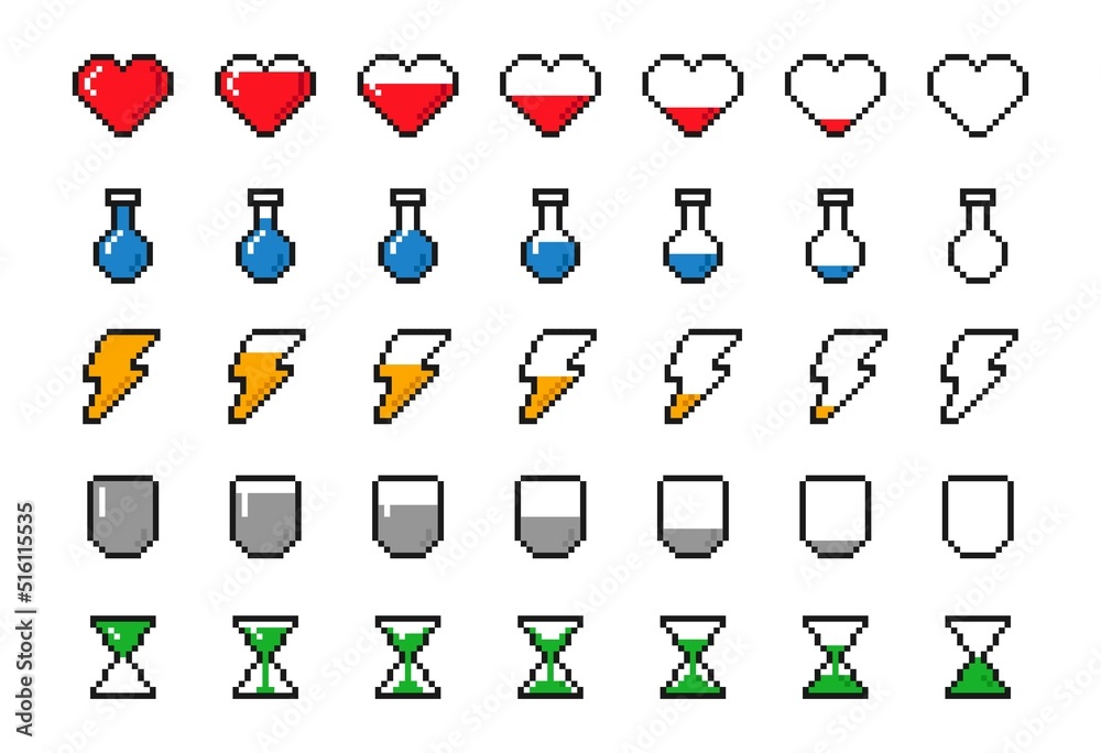 Set of game items scale. Pixel icons with heart, lightning, potion ...