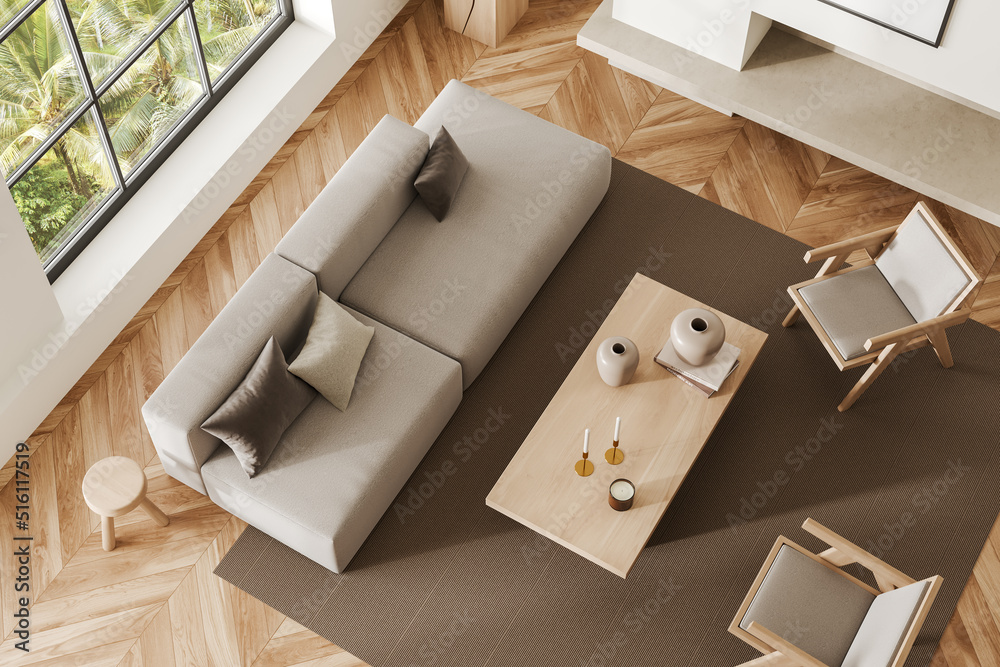 Top view of white guest room interior with sofa and chairs, fireplace ...
