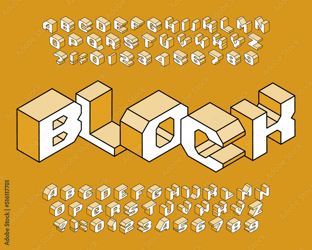Block alphabet font. 3d isometric letters, numbers and symbols. Stock ...