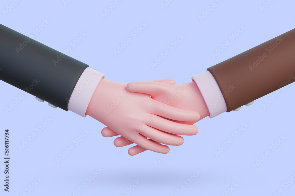 Cartoon character handshake. Business clip art isolated over purple ...