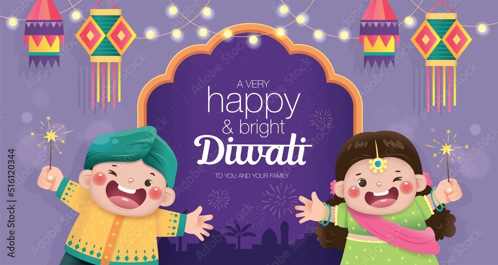 Happy Diwali poster with cute Indian boy and girl celebrating Diwali ...