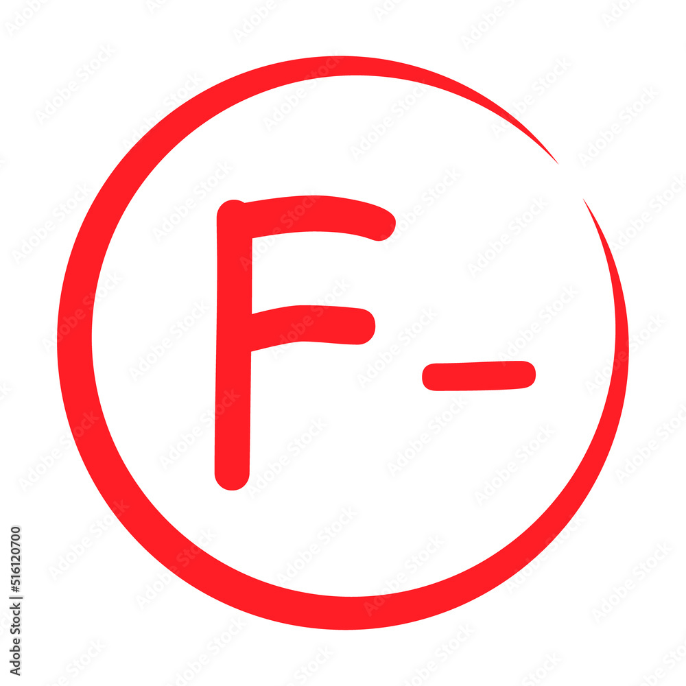 Grade result F minus. Hand drawn icon in red color. Test exam mark ...