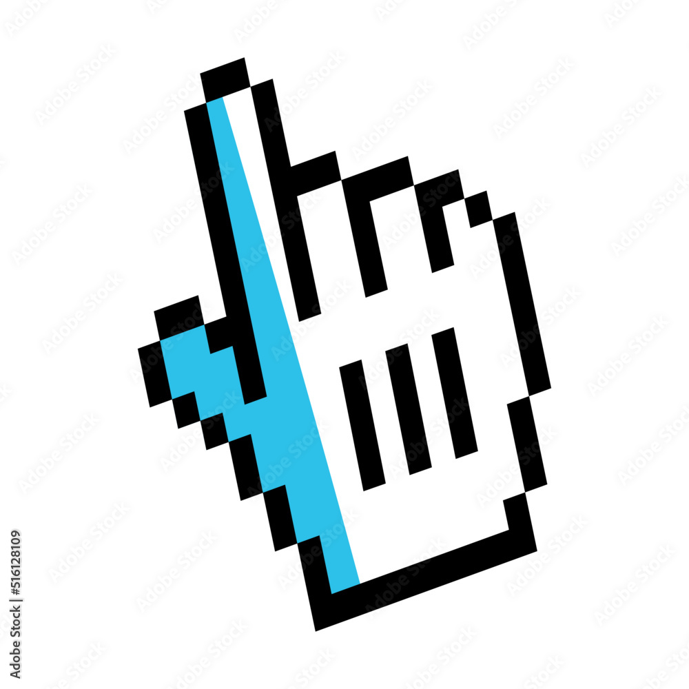 Pixel hand cursor icon, pixel mouse cursor, vector illustration. Stock ...