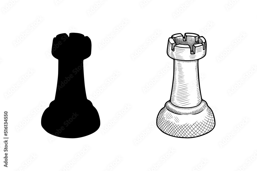 Hand drawn vector sketch. Chess piece on a white background. Chess rook ...