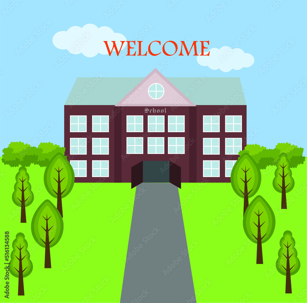 School building with school yard. Back to school. Welcome to school ...