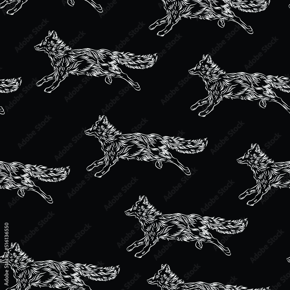 Sketch wolf, animals vector chalk seamless pattern isolated on darck ...