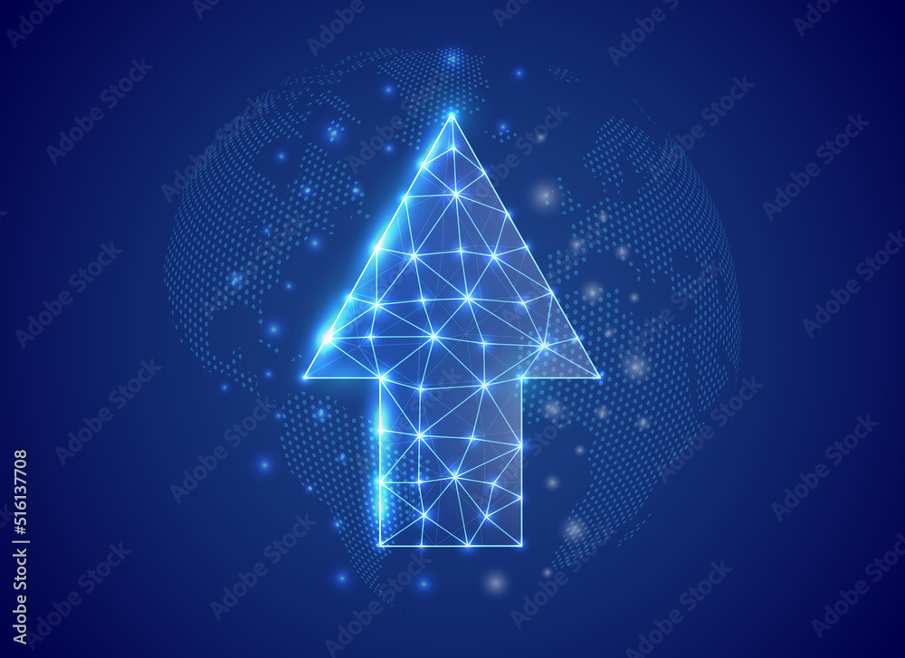 Up arrow 3d low poly symbol with blue world map background. Growth ...