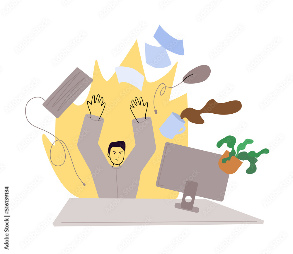 Angry worker throwing work supplies with burning fire at the background ...