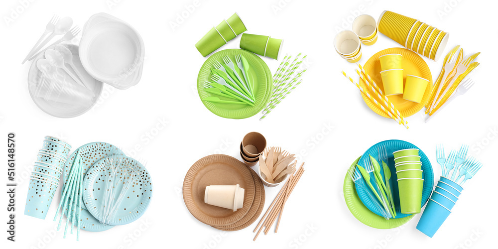 Set with different disposable tableware on white background, top view ...