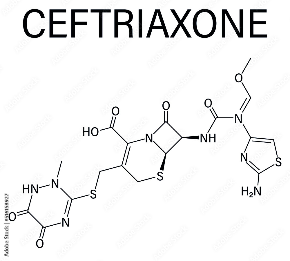 Skeletal formula of Ceftriaxone antibiotic drug molecule. Third ...