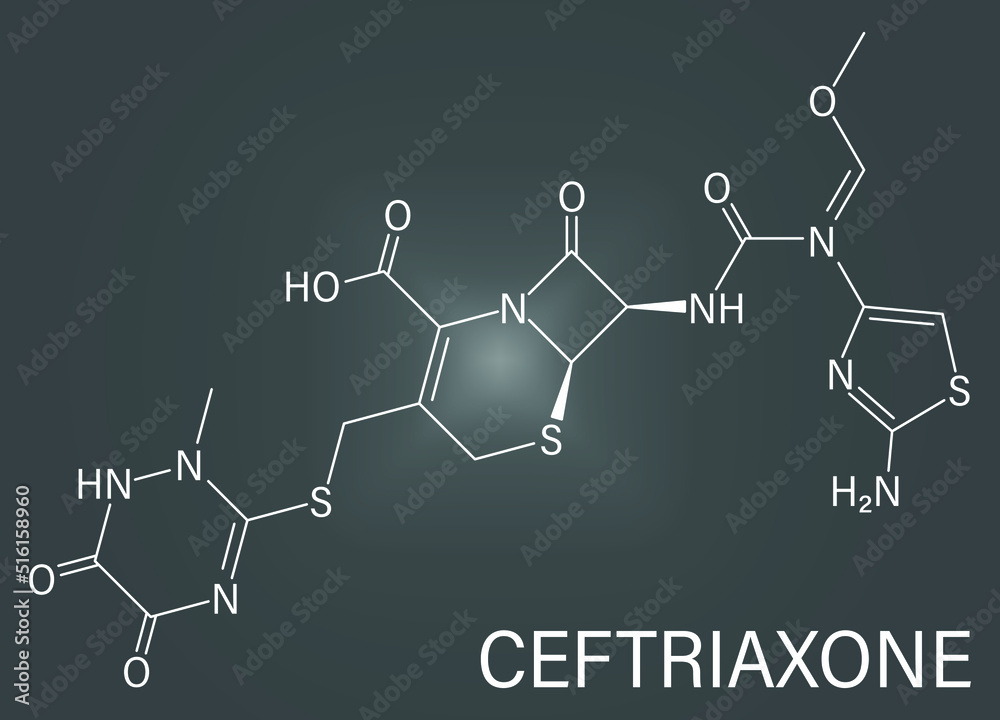 Skeletal formula of Ceftriaxone antibiotic drug molecule. Third ...