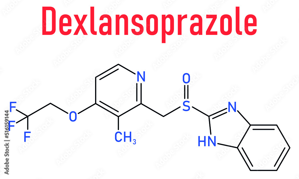 Skeletal formula of Dexlansoprazole gastric ulcer drug molecule. Proton ...