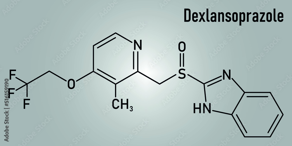 Skeletal formula of Dexlansoprazole gastric ulcer drug molecule. Proton ...