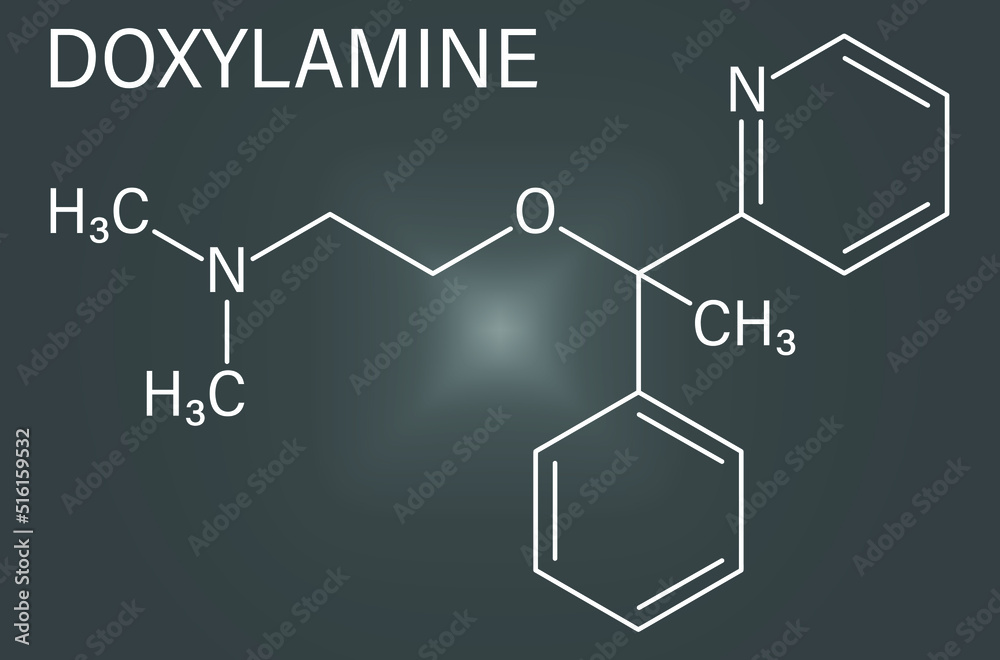 Skeletal formula of Doxylamine antihistamine drug molecule. Also used ...