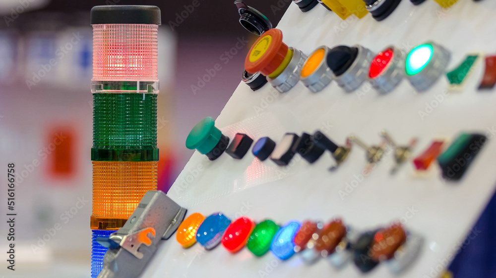 Panel of many colored diode lights and buttons. Control panel of an ...